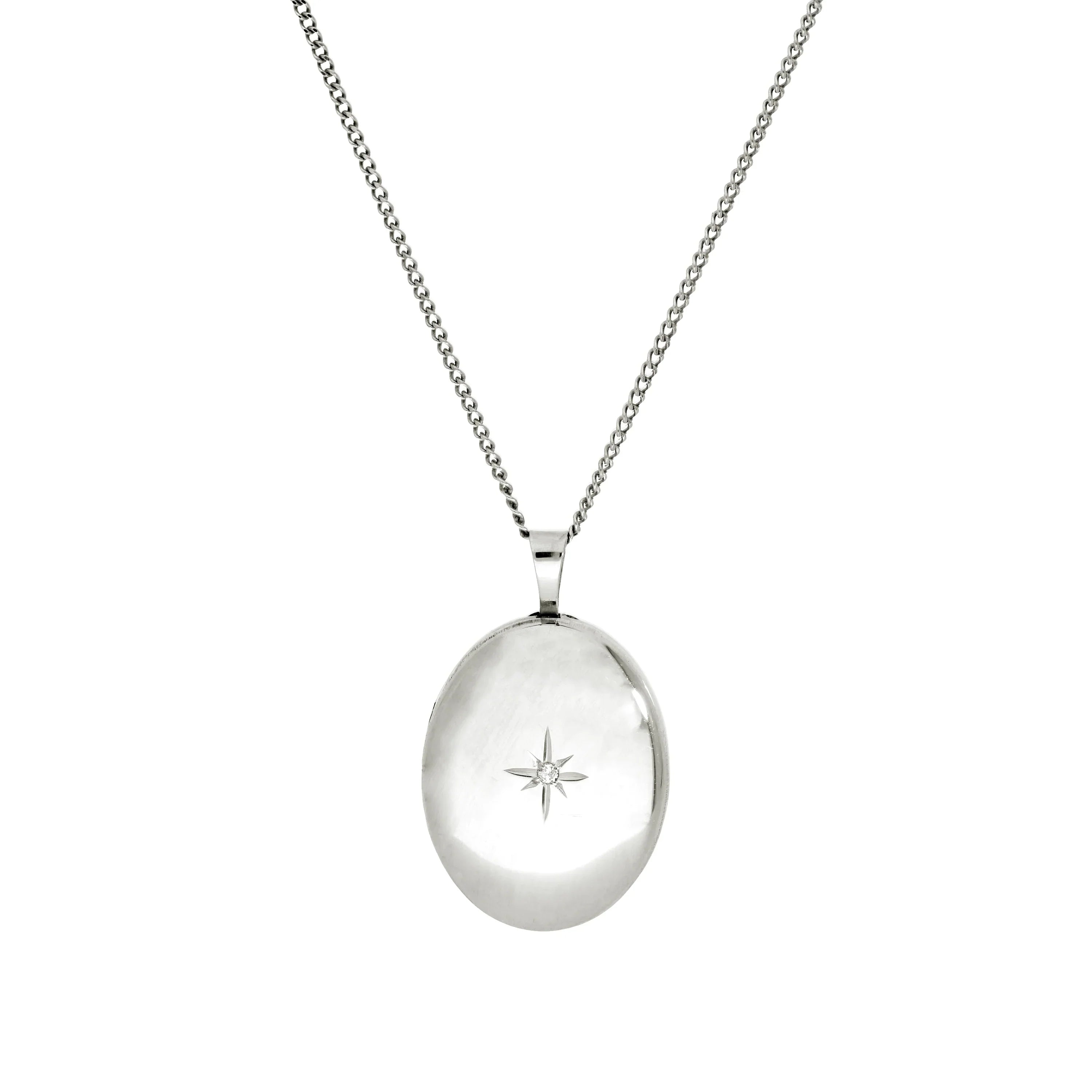 9ct White Gold & Diamond Oval Locket with Shining Star Design 16 - 18 ...